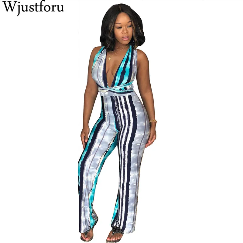 Wjustforu Fashion Striped Jumpsuits For Women 2018 Backless Wide Leg