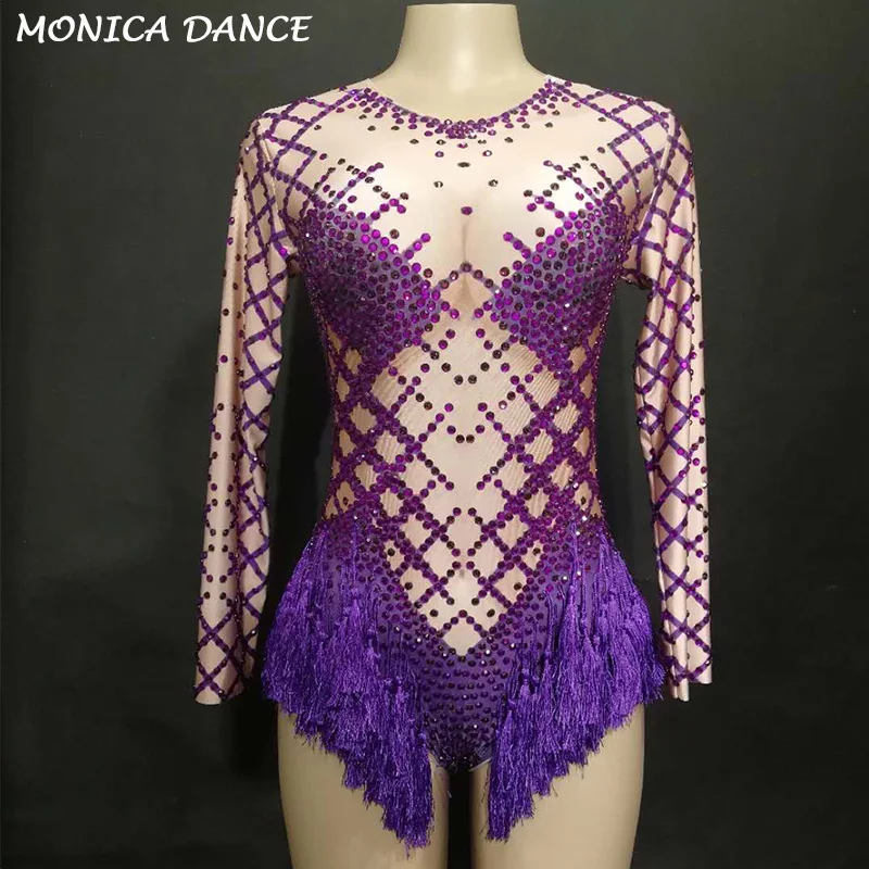 Purple Tassel Women Sexy Stage Dj Bodysuit Full Sparkling Crystals