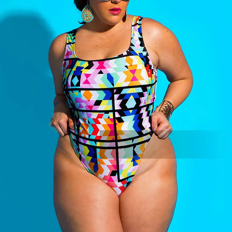 New One Piece Swimsuit Women Large Size Swimwear Plus Size Swimsuit Colorful Geometric Print