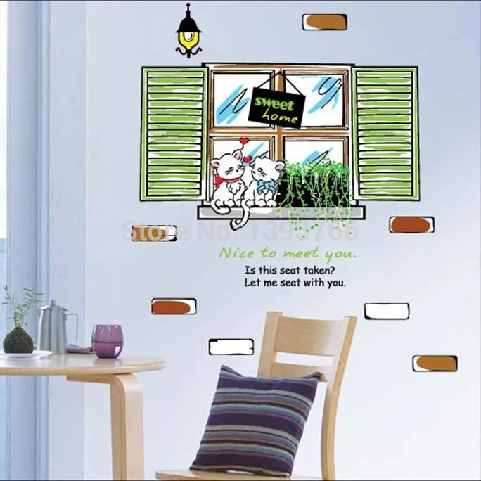 Cartoon Window Lamps Couple Cats Wall Sticker ZYPA 2117 Wall Mural Home ...