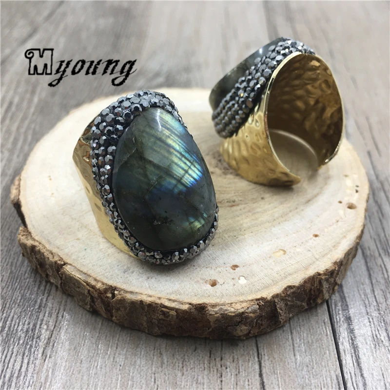 10PCS-Large-Natural-Stone-Flash-Labradorite-Rings-With-Rhinestone-Paved ...