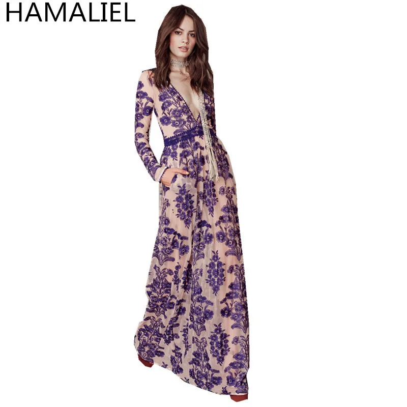 Hamaliel 2018 가을 여성 복장 활주로 자수 긴 소매 파란색과 흰색 도자기 섹시한 깊은 v 목 boho 비치 롱 드레스 ...