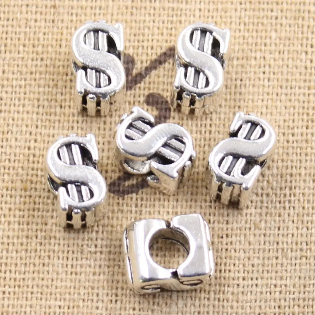 10pcs 11x7x8mm Usd Dollar Money 5mm Big Hole Antique Silver Color Beads ...