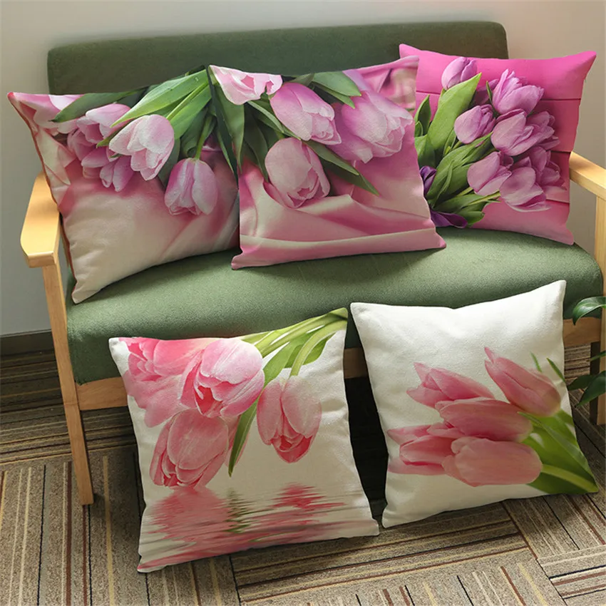 Modern Country Style Pink Flower Tulip Linen Cotton Cushion Cover