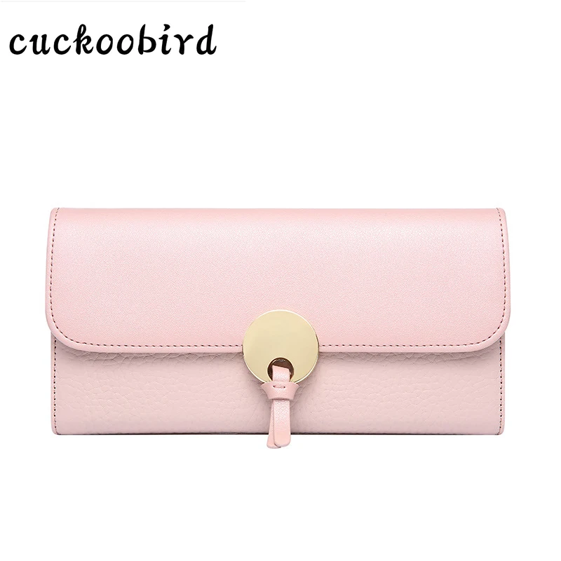 Mujeres carteras cuero genuino Rosa largo femenino sólido estilo de ...