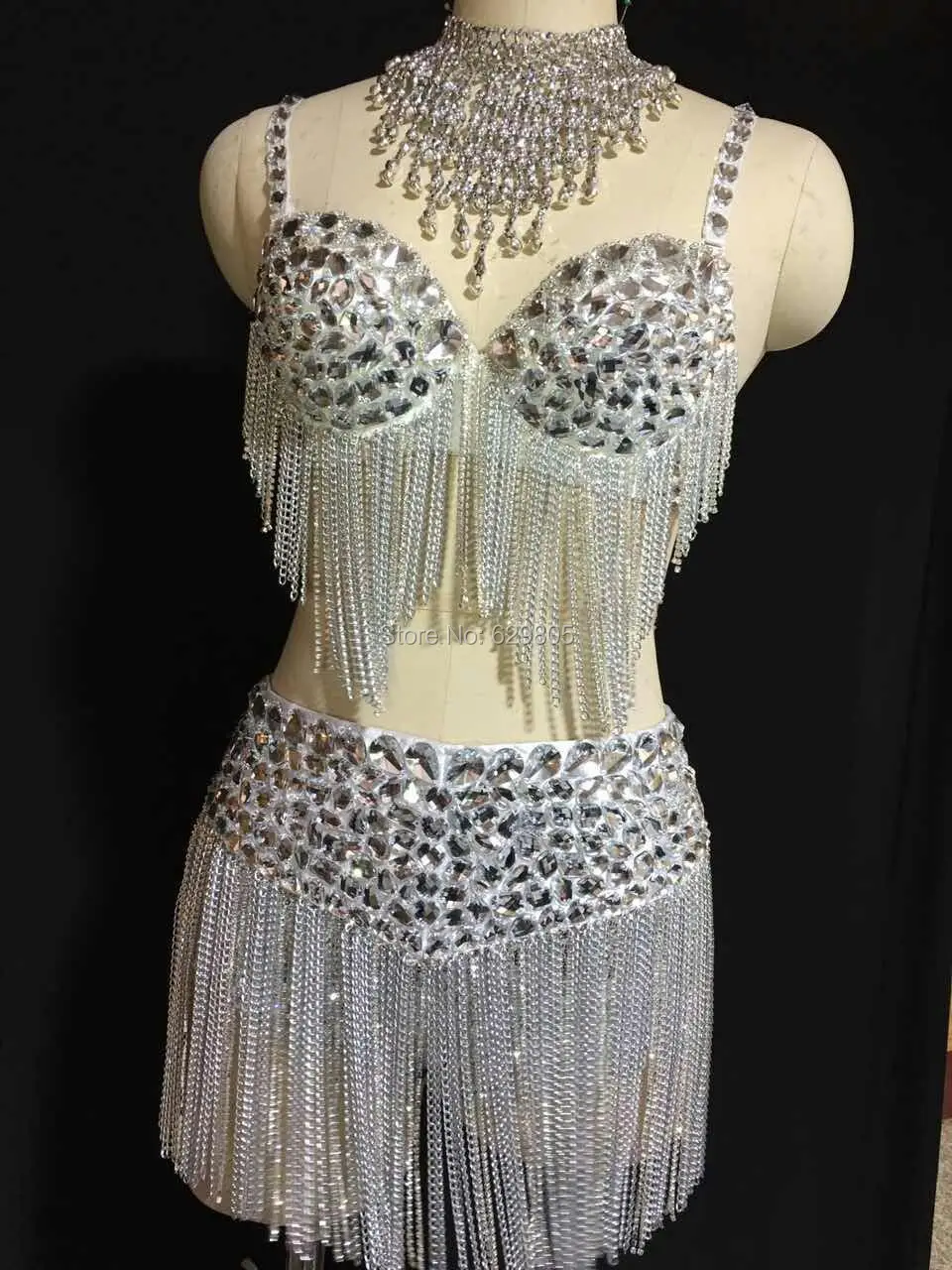 Glisten Crystals Tassel Chains Bra Short Shining Bikini Outfit Sexy