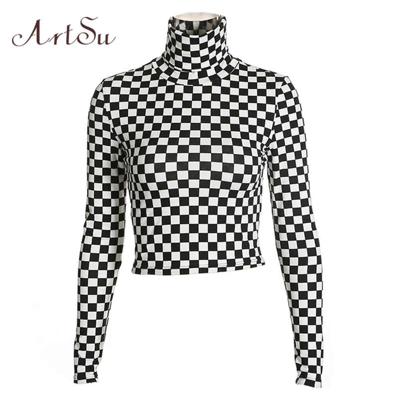 Artsu Autumn Turtleneck Long Sleeve Crop Top Plaid Checkerboard Printed
