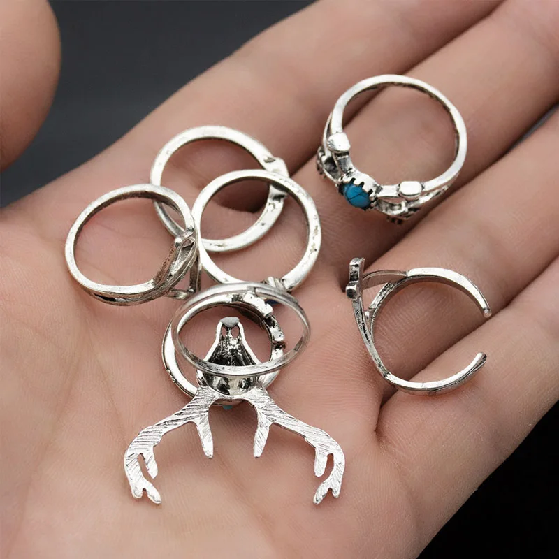 Blue Resin Stone Ring Set Stag Emo Knuckle Elk Antlers Ring 7PCS Ethnic ...