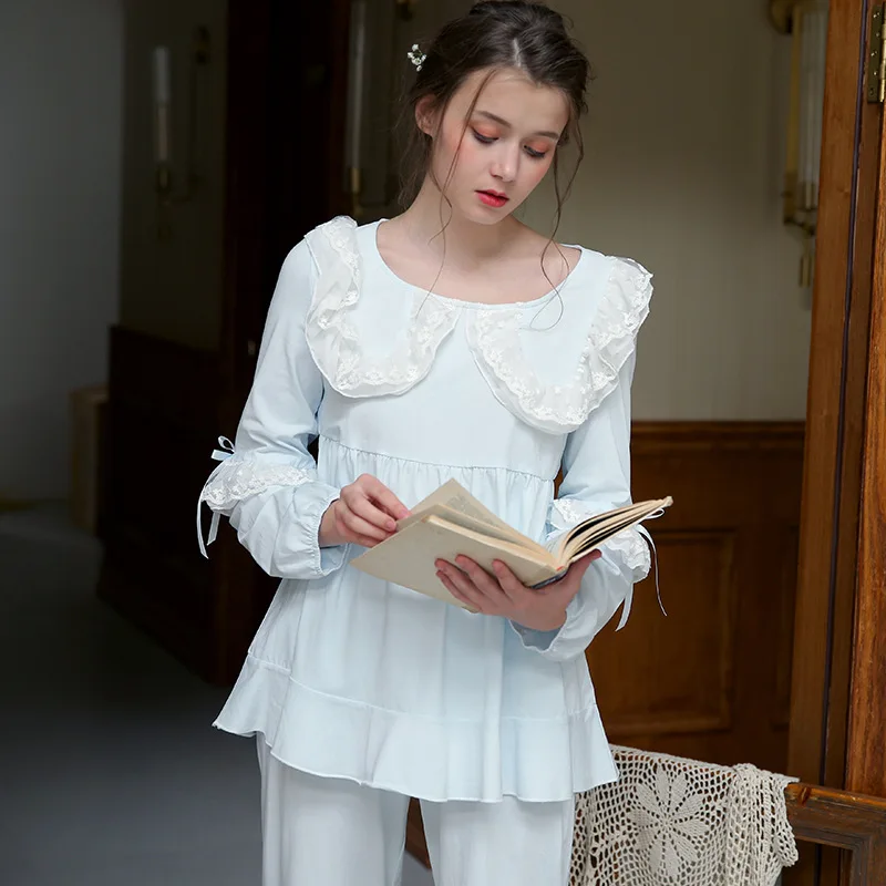 Women Pure Cotton Pajamas Set Long Sleeved Princess Sweet Lovely ...