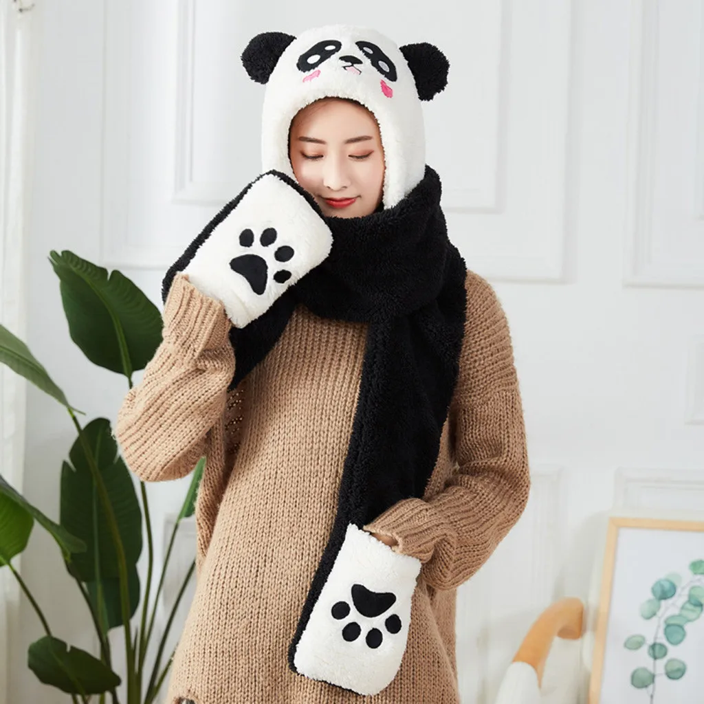High Quality Ladies Panda Cartoon Warm Fluffy Hood Scarf Hat Snood ...