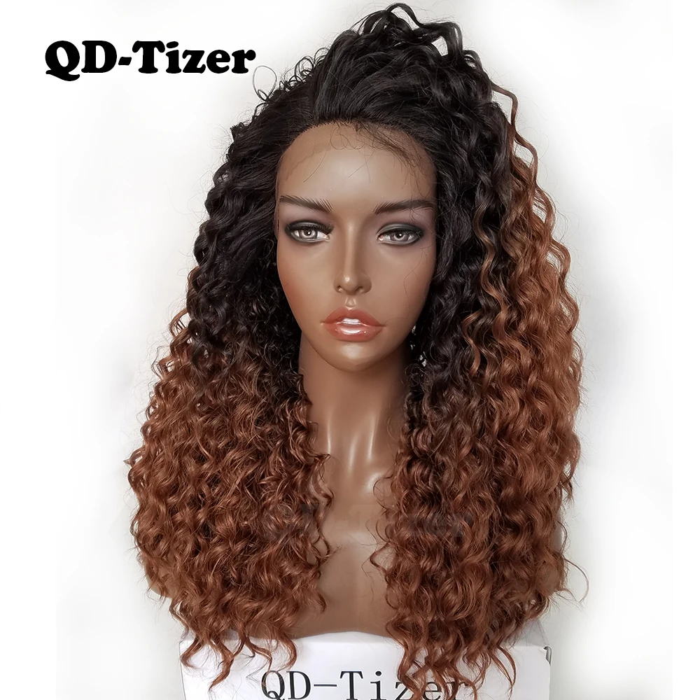 Qd Tizer 130 Two Color Kinky Curly Hair Synthetic Lace Front Wigs