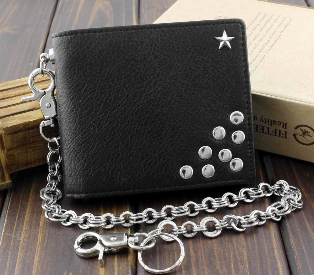 Punk Rocker Studded Black Genuine Leather Wallet Purse With A Long ...