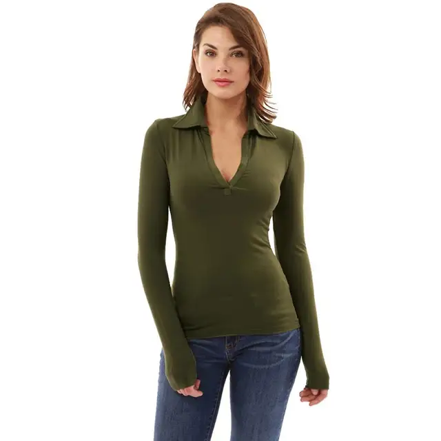 Autumn Spring Women Solid Long Sleeve V Neck SexyTops Slim Low cut ...