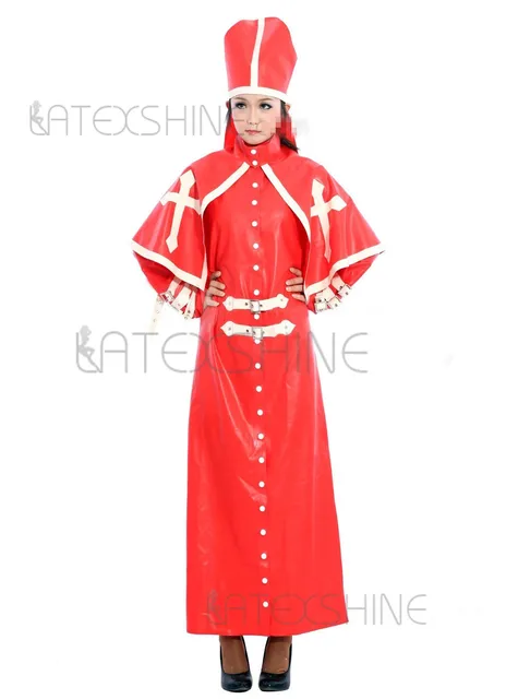 Stylish Red Nun Latex Catsuit Sexy Straight Long Dress with Hat-in ...