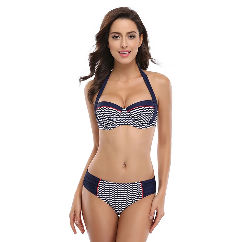 Jaonifer Halter Push Up Swimsuit Patchwork Striped Swimwear Womens