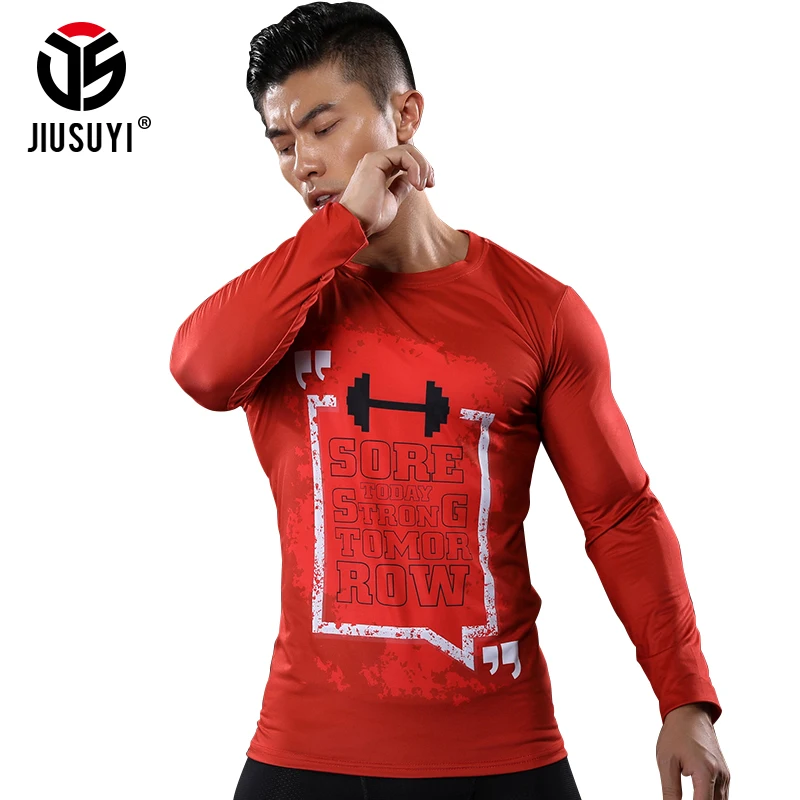 Red Male Compression Workout T shirts Full Long Sleeve Breathable Quick ...
