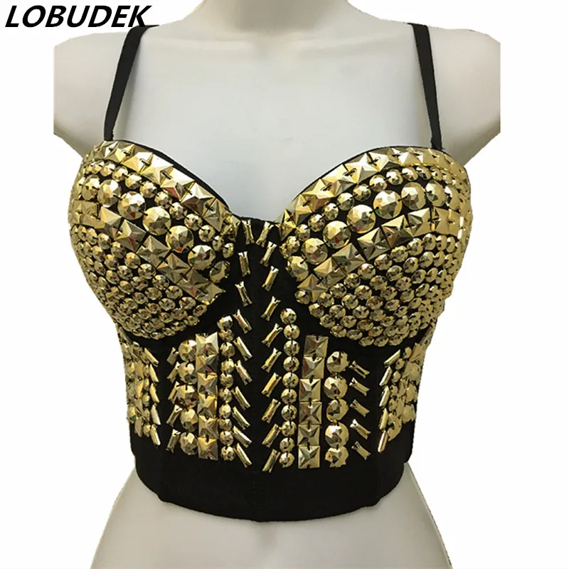 Handmade Women Gold Crystals Bra Underwear Nightclub Undergarment Bar ...