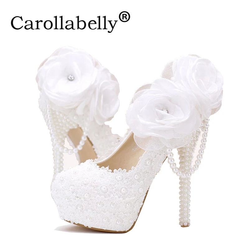 Lace pearl white flowers bridal shoes thin high heel platform shoes ...
