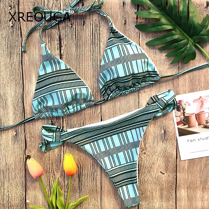 Xreouga 2018 Hot Blue Plaid Print Sexy Beach Women Bikini Sets Sea