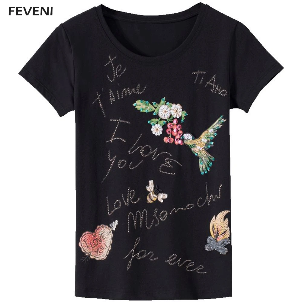 Red Heart Tshirts Rhinestone Diamond Letters Female T Shirt Summer Tee ...