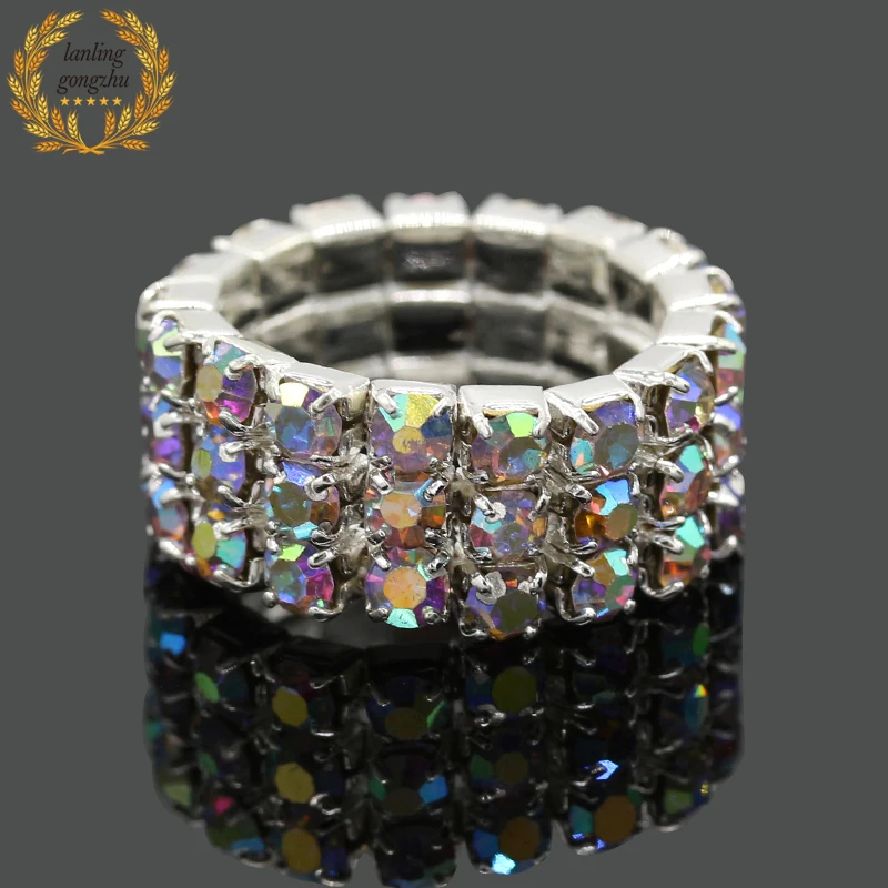 White Colorful Adjustable elastic rhinestone rings Crystal Eternity ...