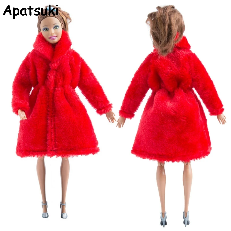 Red Winter Wear Warm Coat For Barbie Doll Outfits Fur Doll Clothing ...