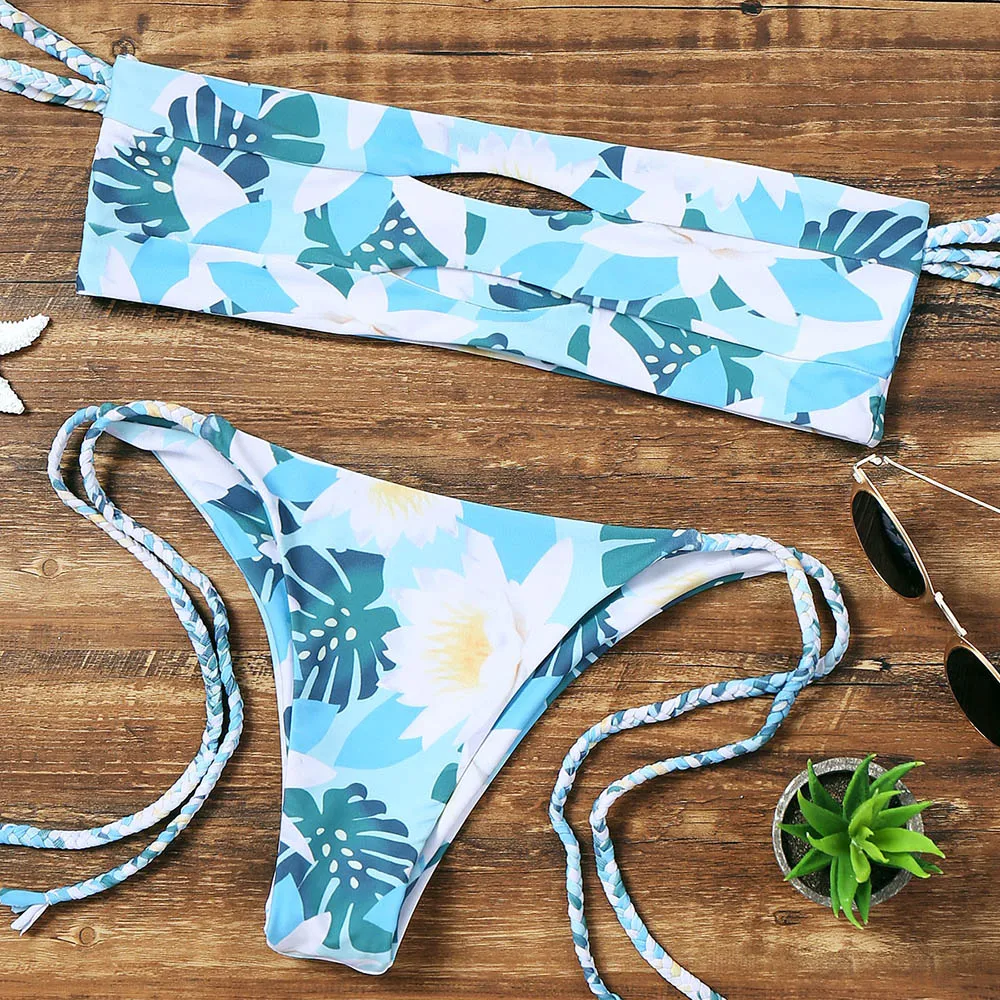 Women Strapless Bikini Set Off Shoulder Swimsuit Low Waist Cross Straps ...