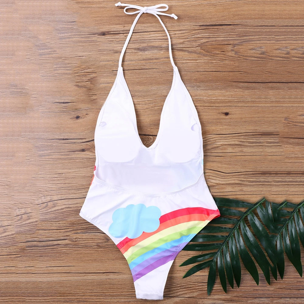 2018 Halter Women Swimsuit Sexy V Neck One Piece Swimsuit Rainbow Heart ...