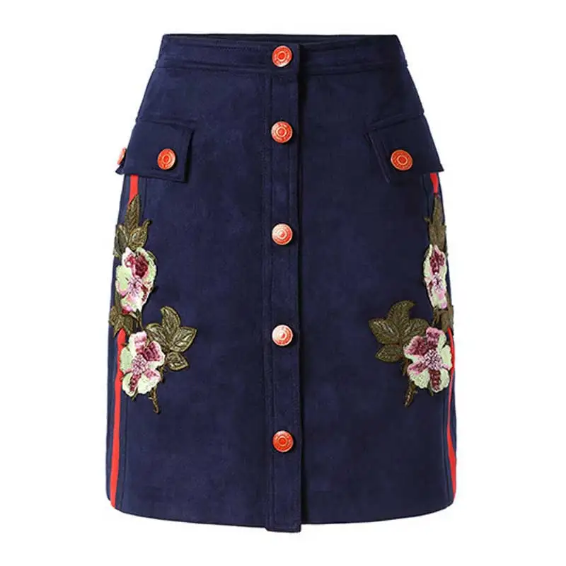 Boho Inspired Denim Skirt High Waist Buttons Floral Embroidery Skirts