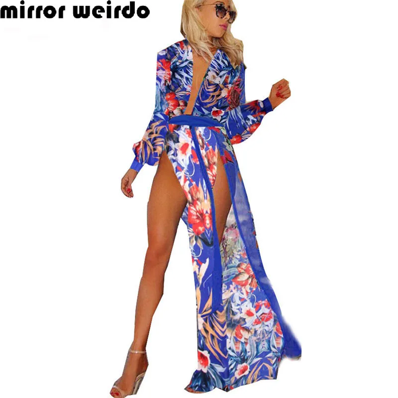 2016 Summer Style Women Sexy Swimsuit Cover Up Long Sleeve Bikini Party Cover Ups Flower Split
