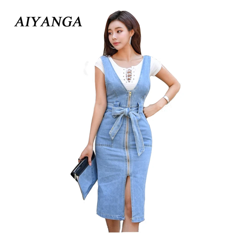 2018 Sexy Spaghetti Strap Denim Dress Summer Women Vintage Sheath Zip ...