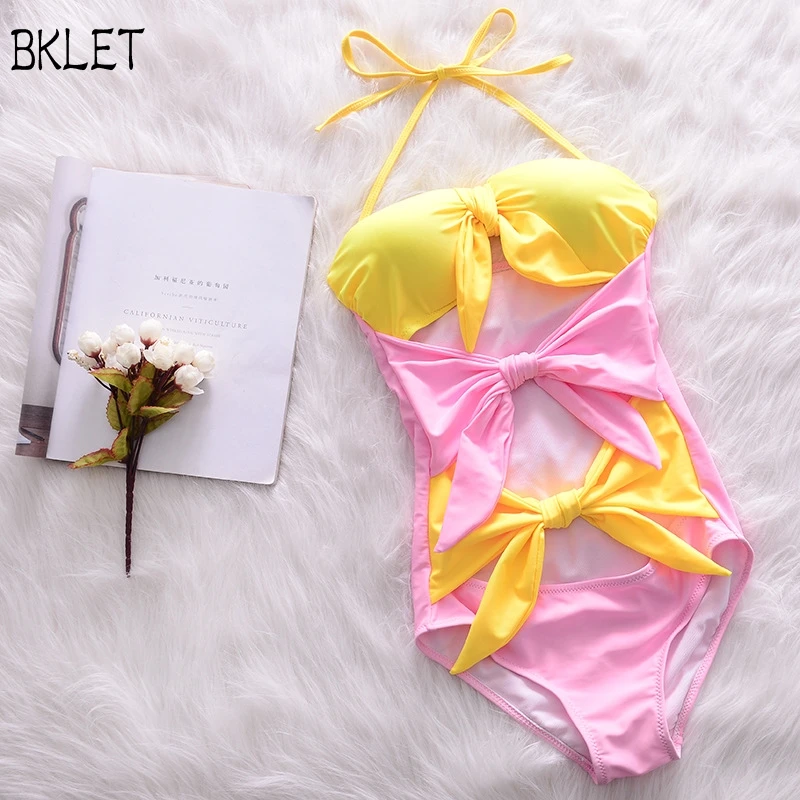 Sexy Bandeau Front Bow Knotted Trikini High Cut Out Swim Bathing Suit