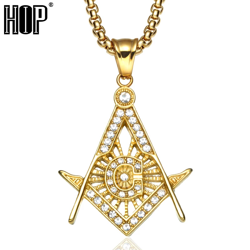 HIP Hop Bling Gold Color Iced Out Crystal Masonic Freemasonry Necklaces ...