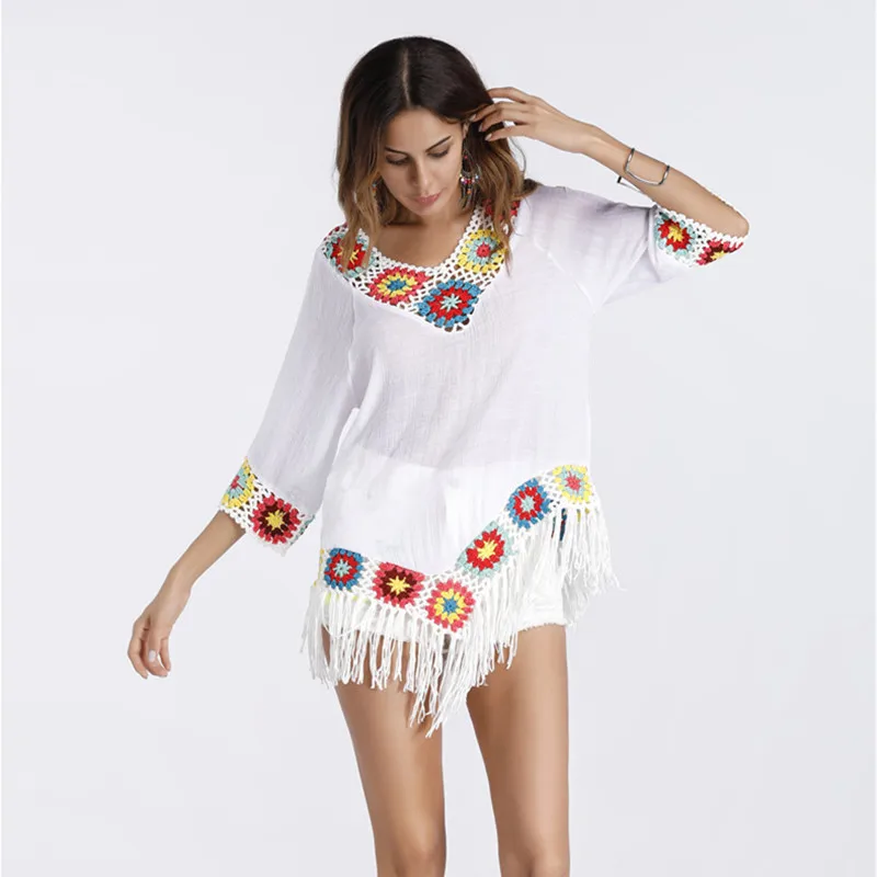 Boho Top Women Floral Print Bohemian Shirt Summer Long Vintage Tassel Patchwork Knitted Tops