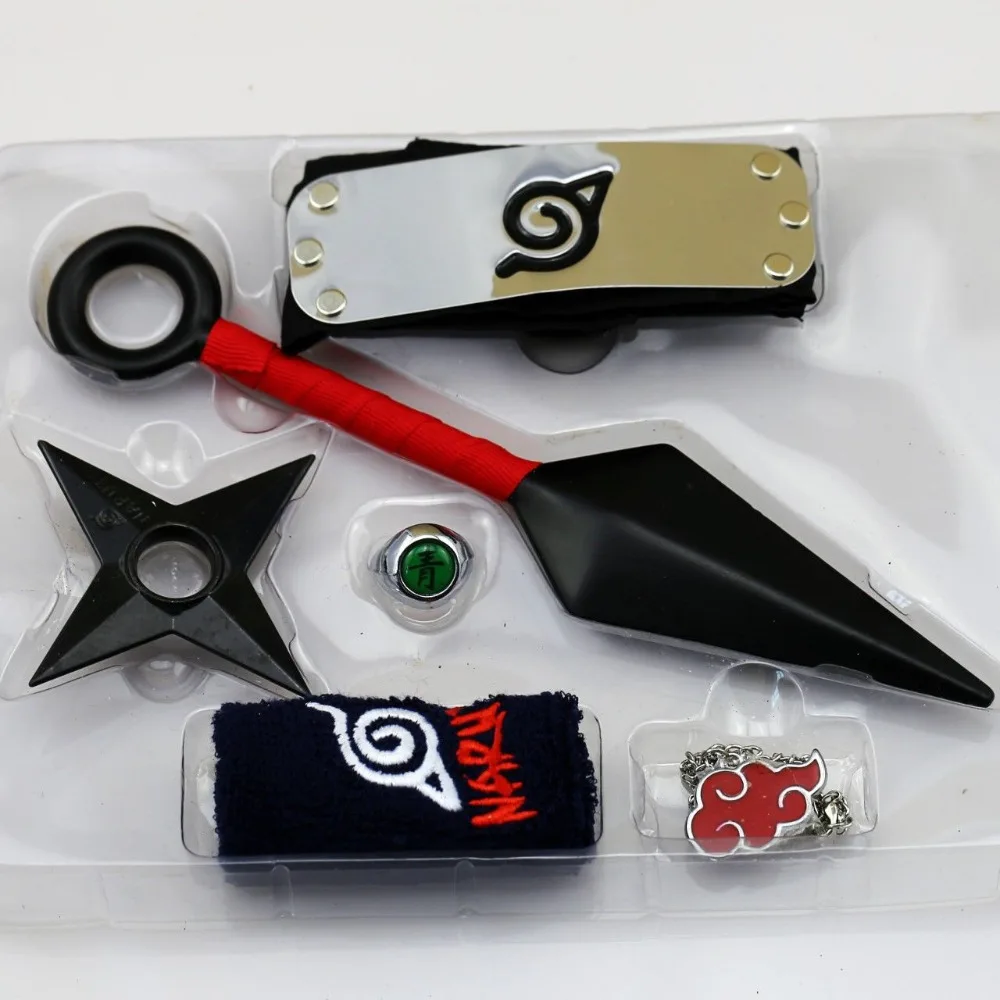 Naruto Kunai 6pc Shuriken Set Konoha Ninja Sasuke Kakashi Ring Headband ...