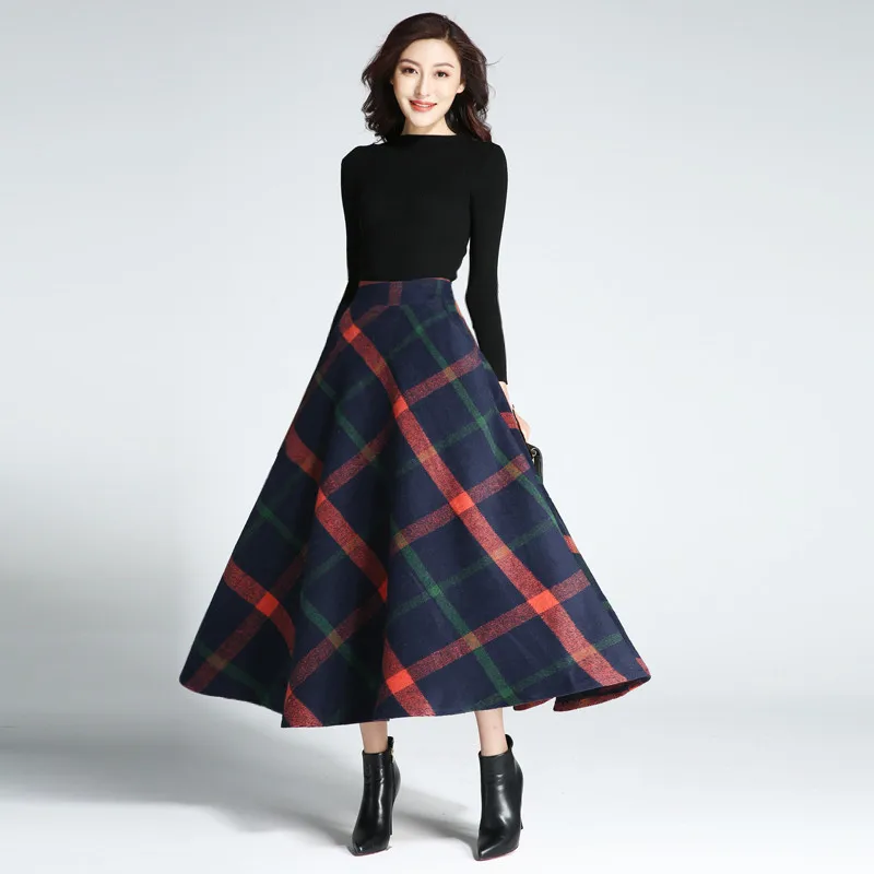 2018 Winter Women Woolen Skirts England Style Red Plaid High Waist Midi