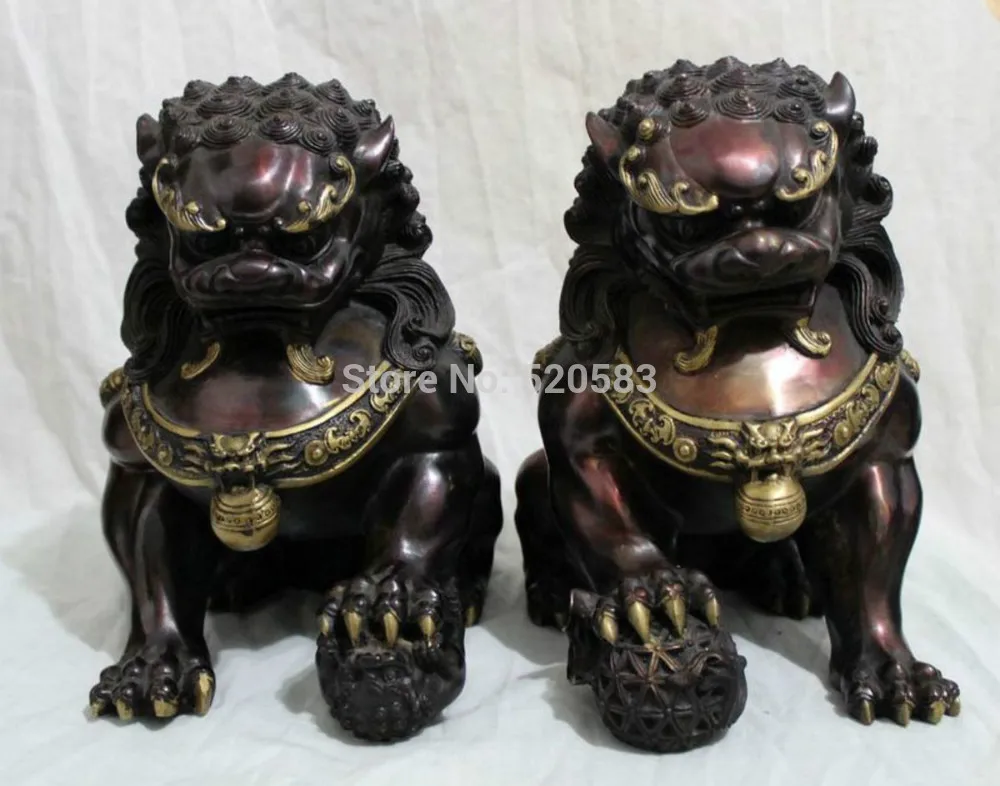 12" Chinese Bronze Folk Carved FengShui Wealth Foo Fu Dog Lion Ball ...