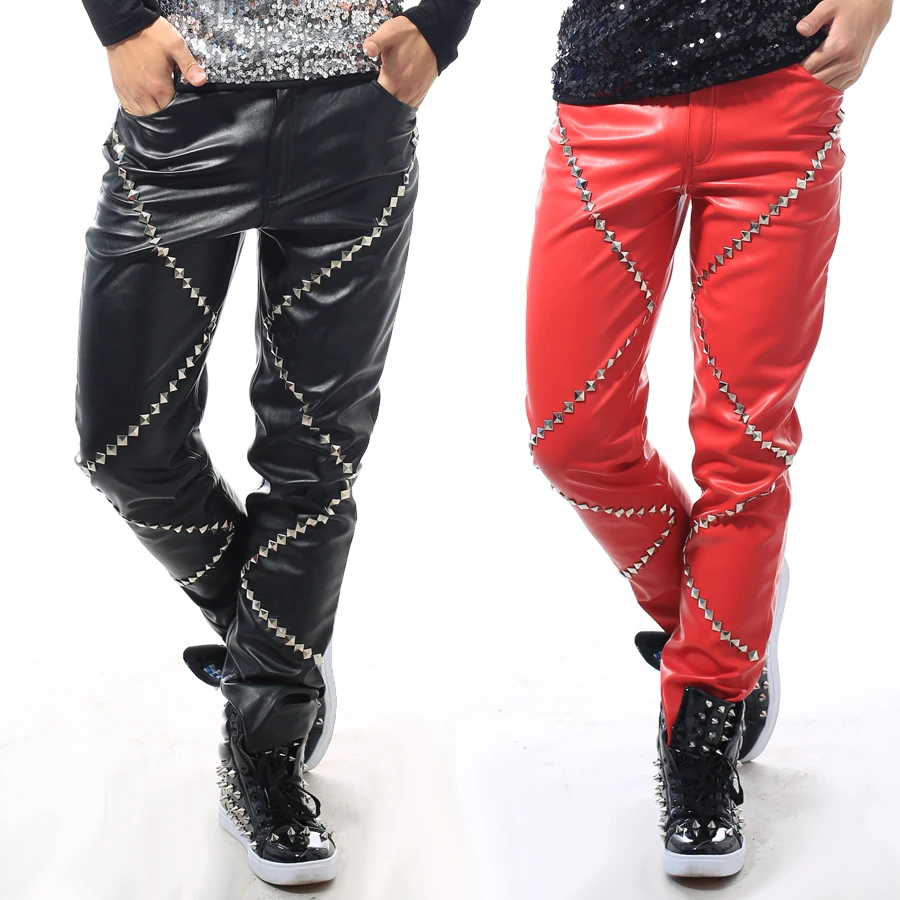 Fashion Male Singer Rivetss Slim Leather Pants Nigthclub Bar Singer Dj ...