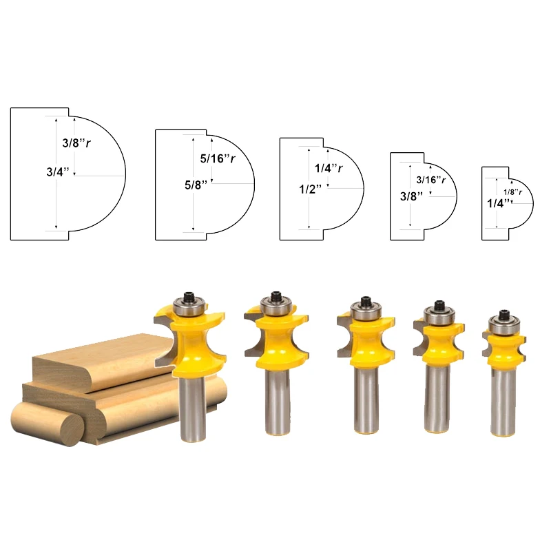 5pcs/set Bit Bullnose Router Bit Set C3 Carbide Tipped 1/2" Shank ...