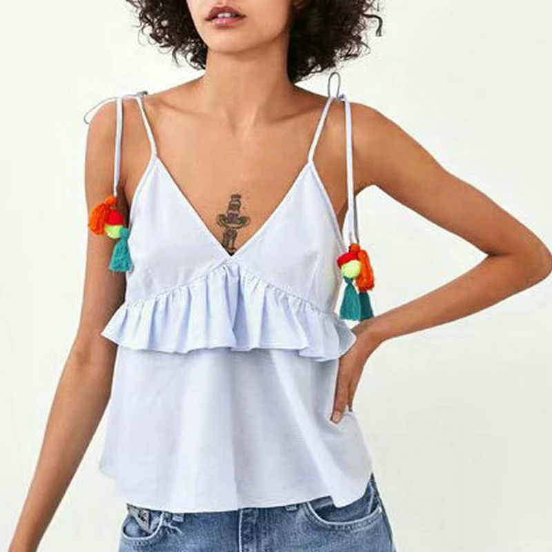 Fashion Women Blue Ruffle Camis Cute Tops Sexy Striped Sleeveless