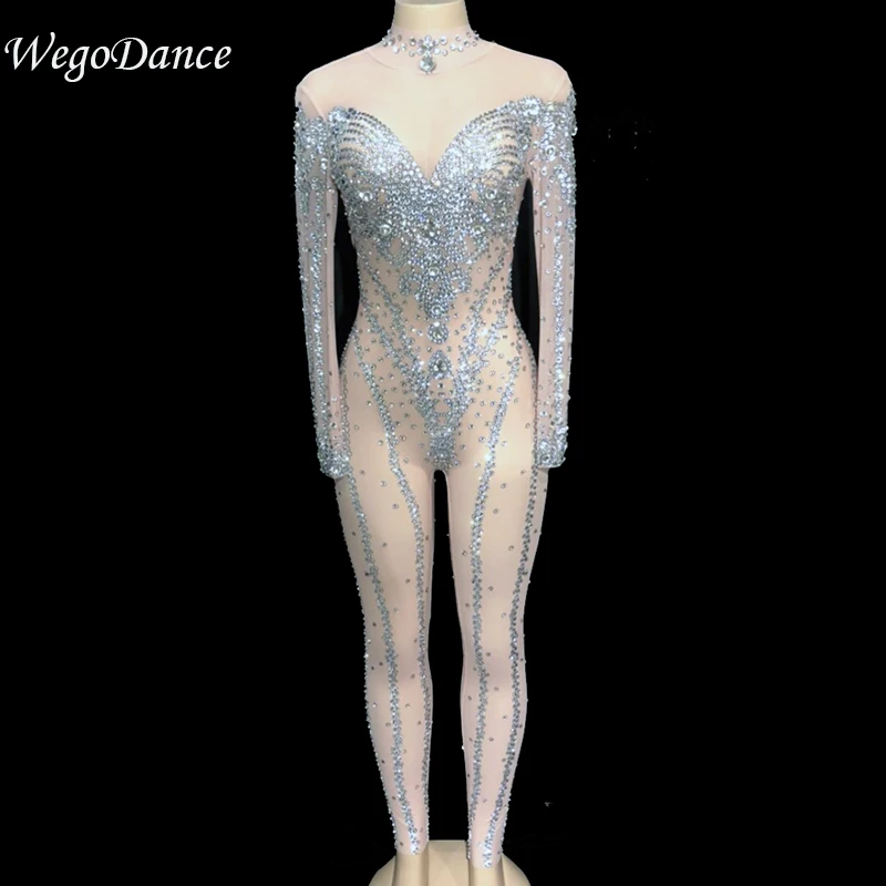 New Hot Sell Mesh Women Sexy Bling Jumpsuit Silver Sparkling Crystals