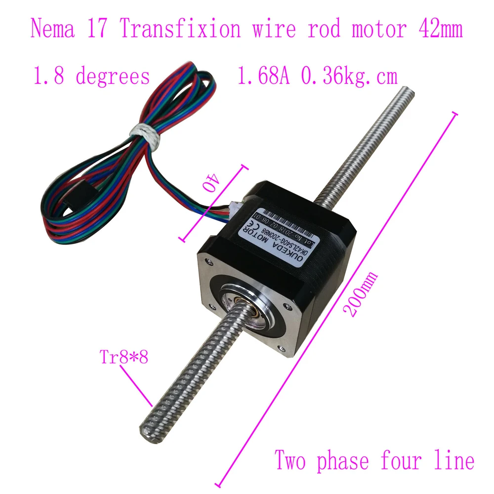 42mm through Screw Stepper Motor shaft Tr8*8mm Nema 17 1.68A linear ...
