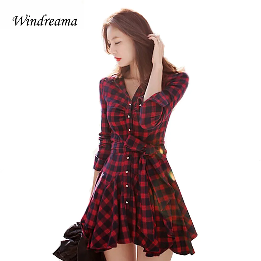 Windreama Women Autumn Red Plaid Dress Full Sleeve Pleated Plus Size S ...