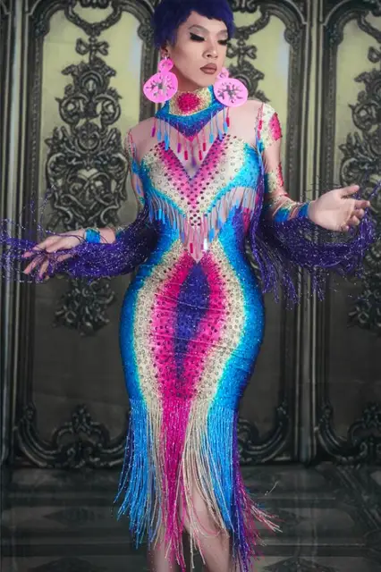 Drag Queen Rainbow Pride Rhinestone Fringe Dress - Queerks™