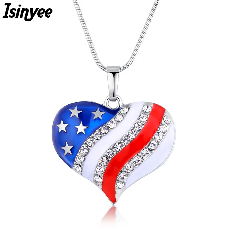 ISINYEE Fashion American Flag Heart Pendant Necklace For Women Crystals ...