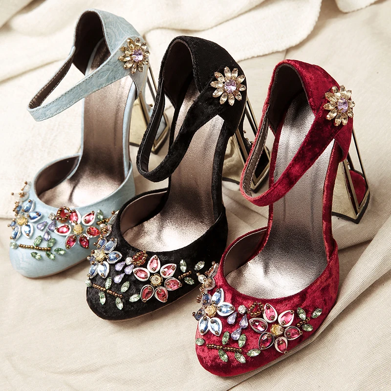 Colored stones High Heels Shoes Women Flowers Sandals Retro Femme Pumps ...