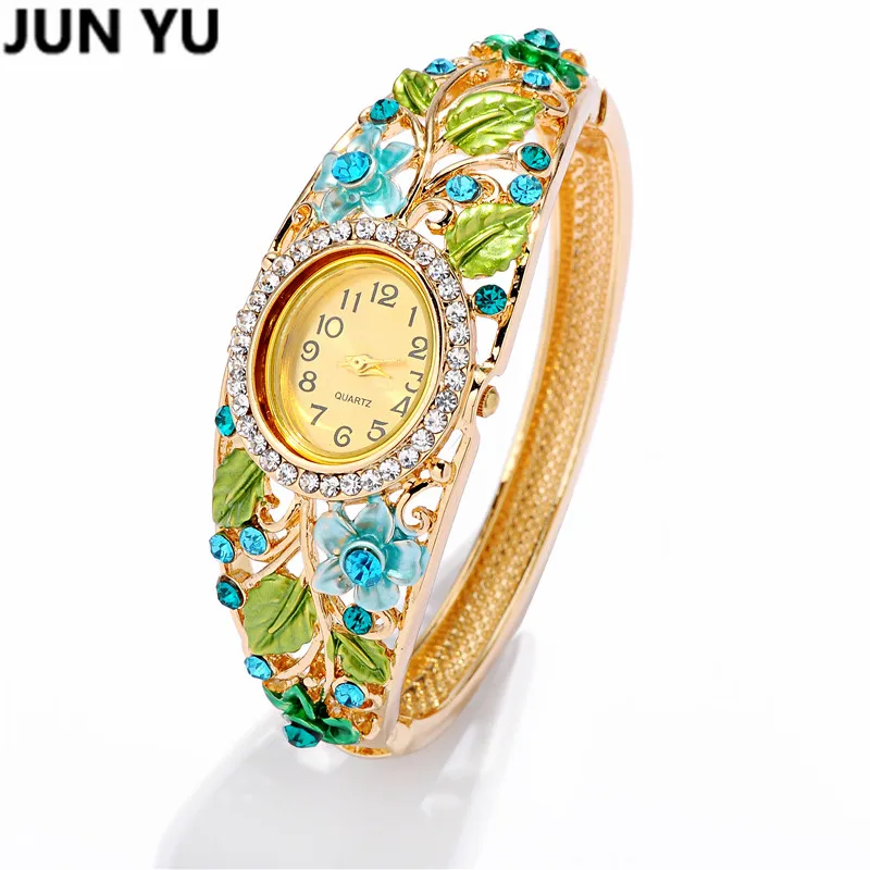JUNYU 18K Gold Flower Painted Women Fashion Watch Quartz Wristwatch ...
