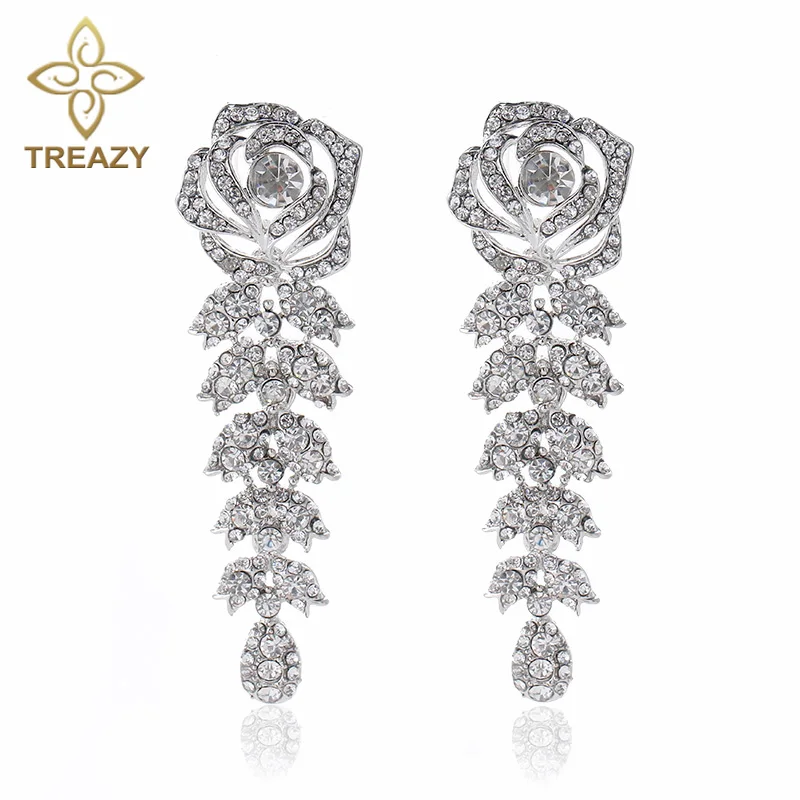 Treazy 패션 크리스탈 웨딩 긴 귀걸이 실버 컬러 장미 꽃 드롭 귀걸이 여성을 위한 여름 웨딩 주얼리 액세서리