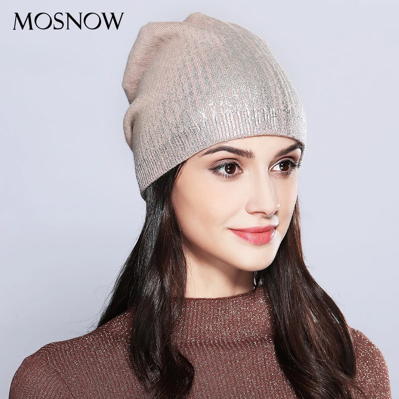 Womens Skullies Beanies Glittering Silk Wool Knitted Hat Autumn Winter Warm Female Knitted Hat