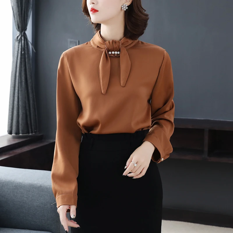 2018 Fall Long Sleeve High Neck Bow Tie Satin Shirts Women Office Work
